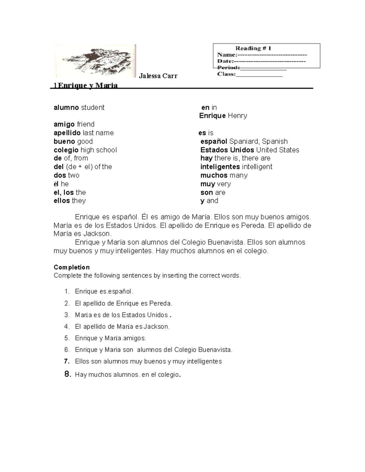 - 1 Reading Enrique y Maria - Jalessa Carr 1 Enrique y Maria alumno ...