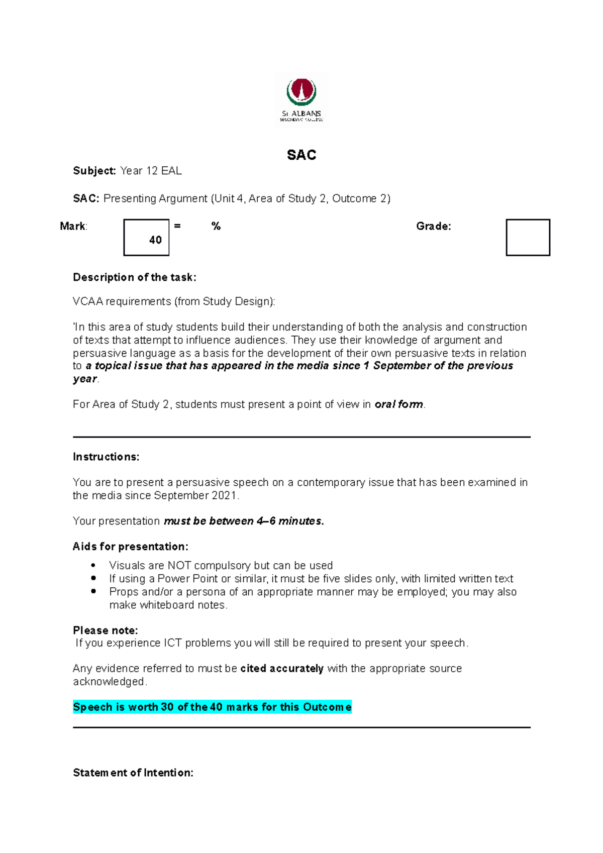 Oral Presentation SAC Task Sheet - SAC Subject: Year 12 EAL SAC ...