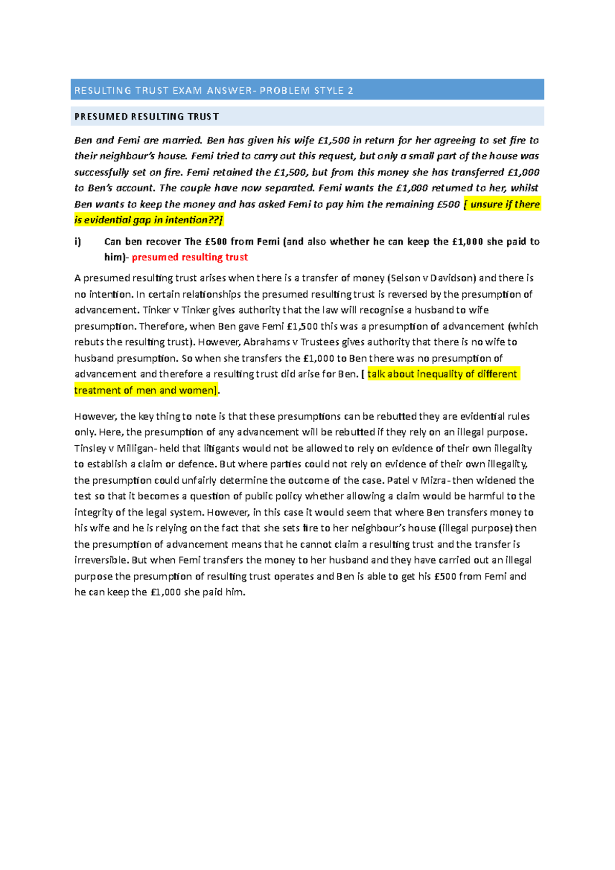 Resulting trust PQ 2 - RESULTING TRUST EXAM ANSWER- PROBLEM STYLE 2 ...