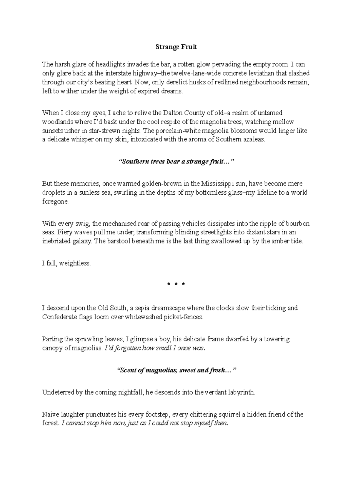 Model Creative Writing Essay - Strange Fruit The harsh glare of ...