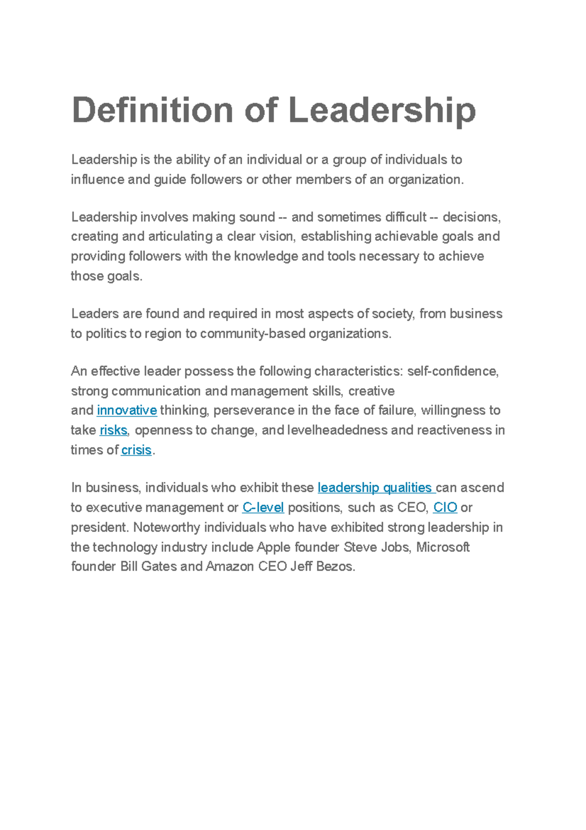 Assignment - Definition of Leadership Leadership is the ability of an ...