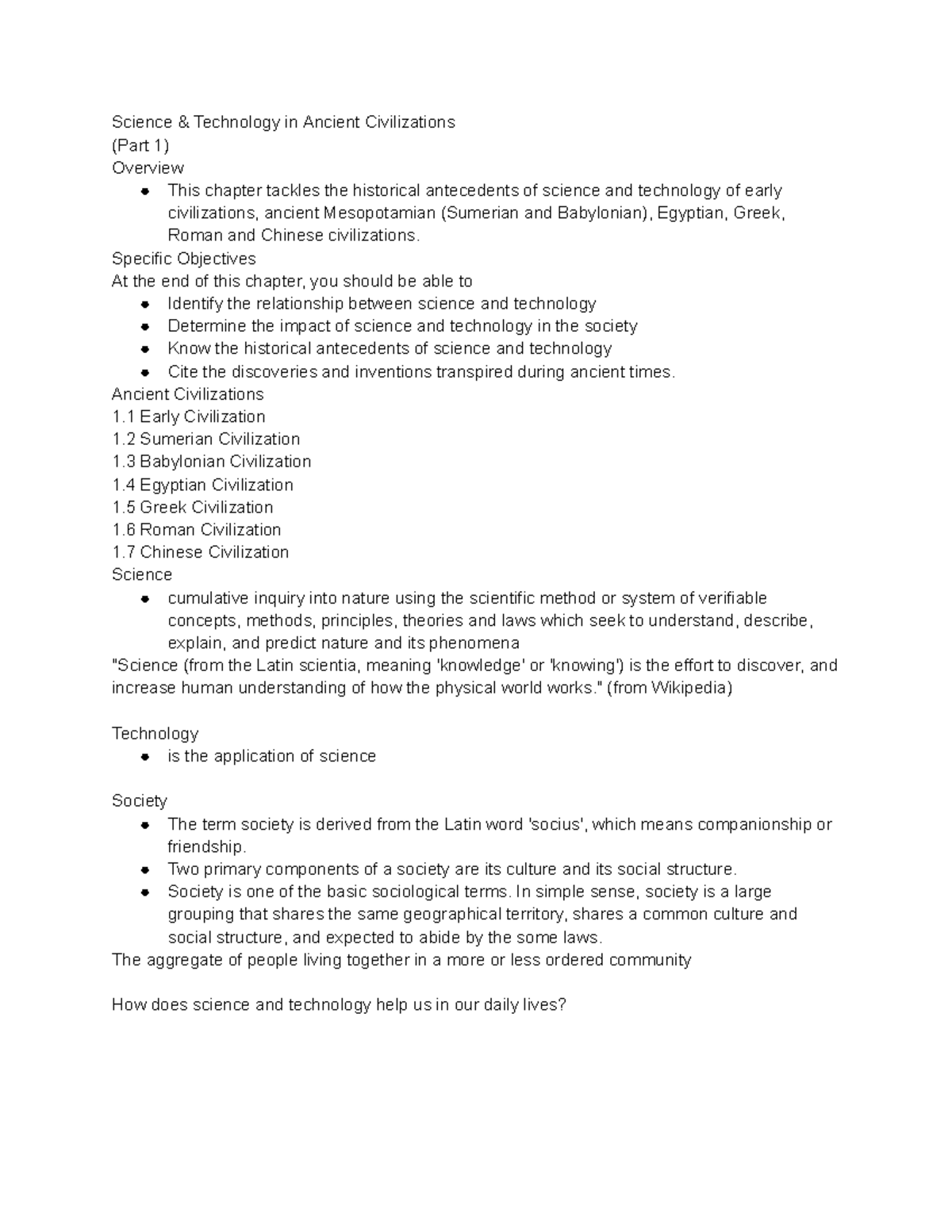 STS 1 - sts - Science & Technology in Ancient Civilizations (Part 1 ...