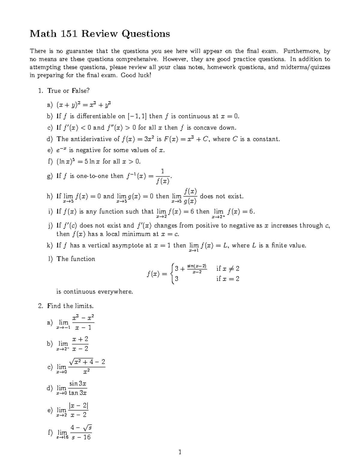 151 final-review - ... - Math 151 Review Questions There is no ...