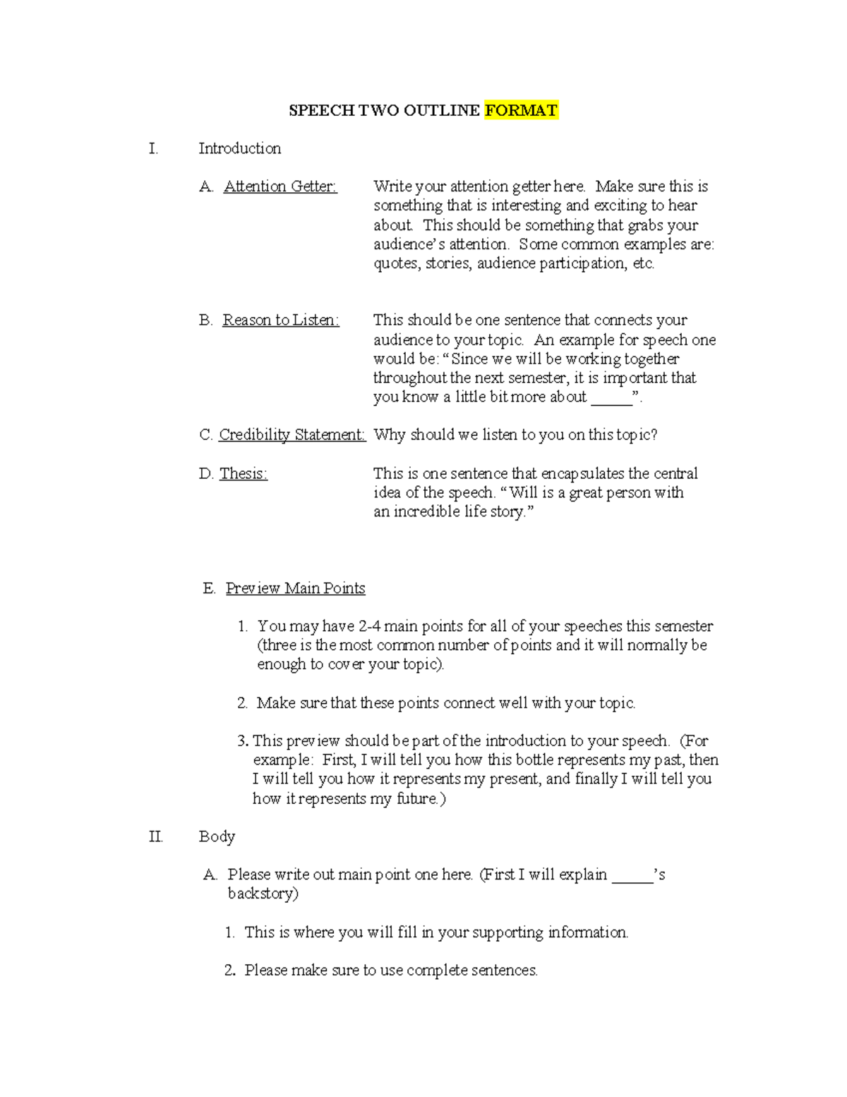 Info Fill In Outline - Intro to communications - SPEECH TWO OUTLINE ...