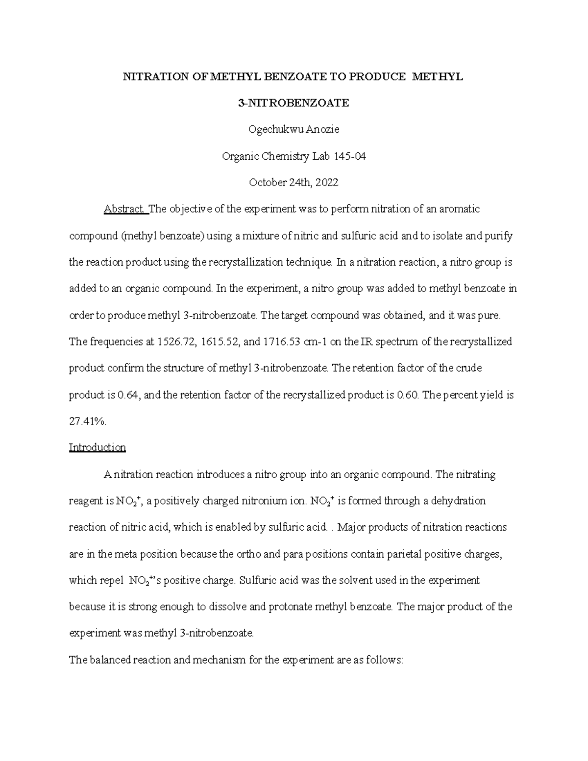 Nitration OF Methyl Benzoate INTO Methyl 3- Nitrobenzoate - NITRATION ...