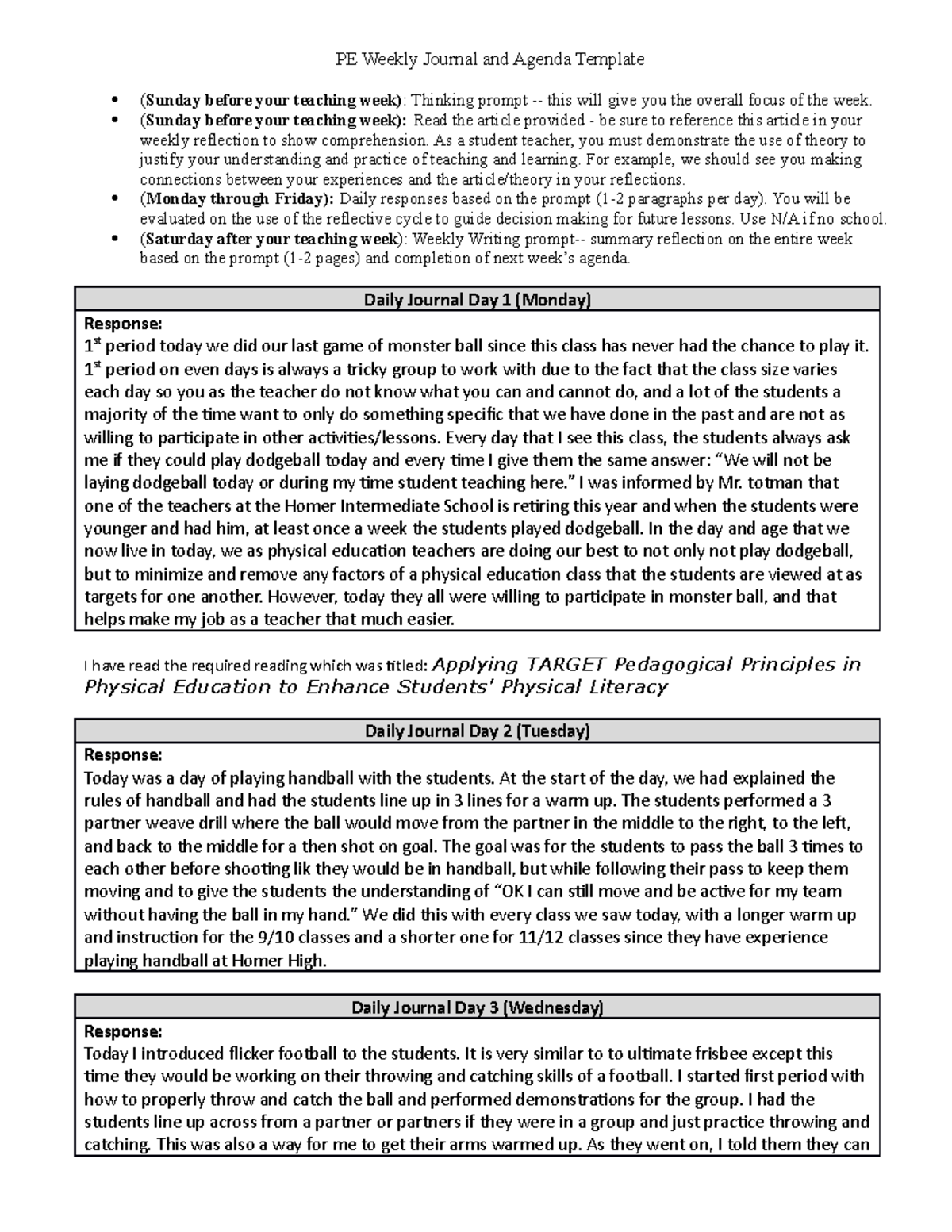 Week 6 Student Teaching Journal - PE Weekly Journal and Agenda Template ...