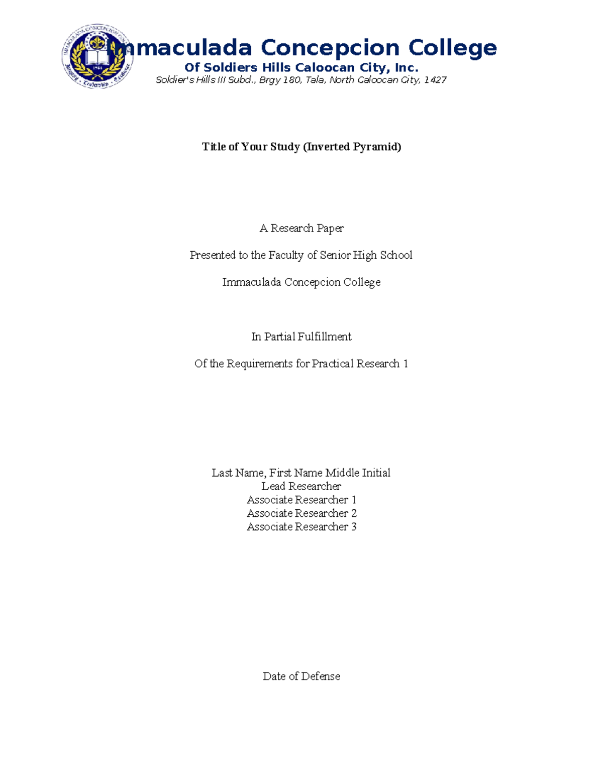 Pre Oral Defense Template - Immaculada Concepcion College Of Soldiers ...