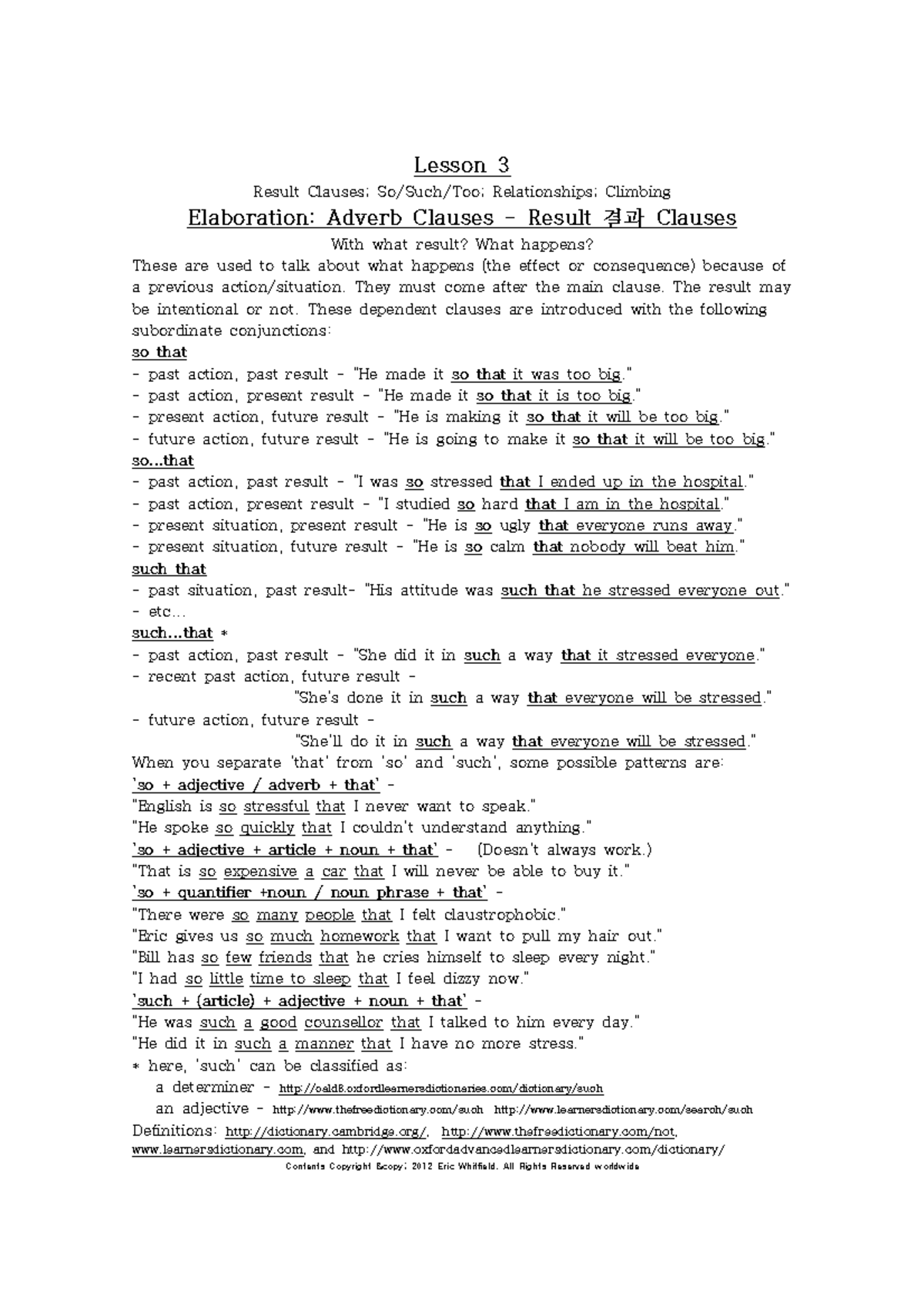 Lesson 3 - Lecture note^^ - Lesson 3 Result Clauses; So/Such/Too ...
