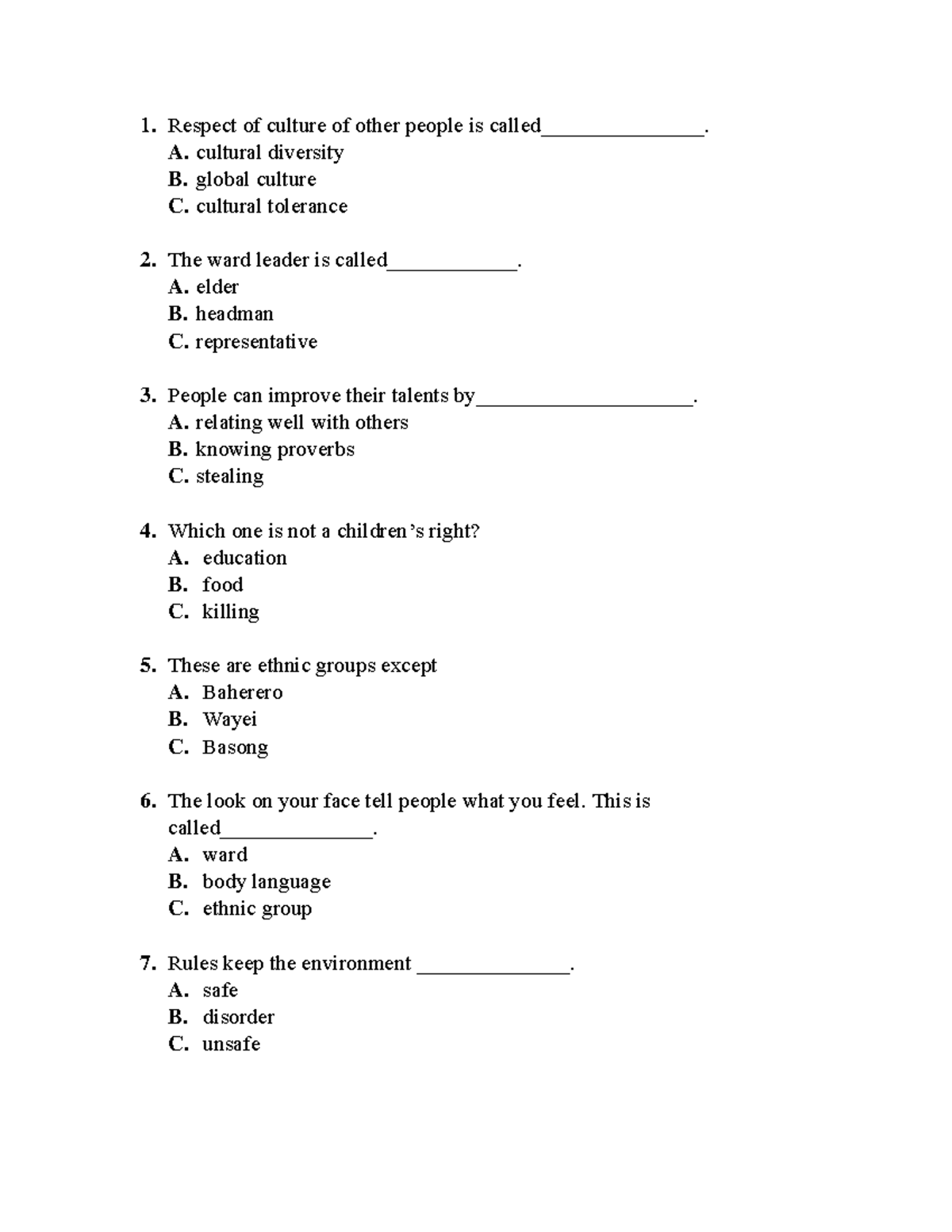 Standard 3 Cultural studies for the year 2024 - Respect of culture of ...