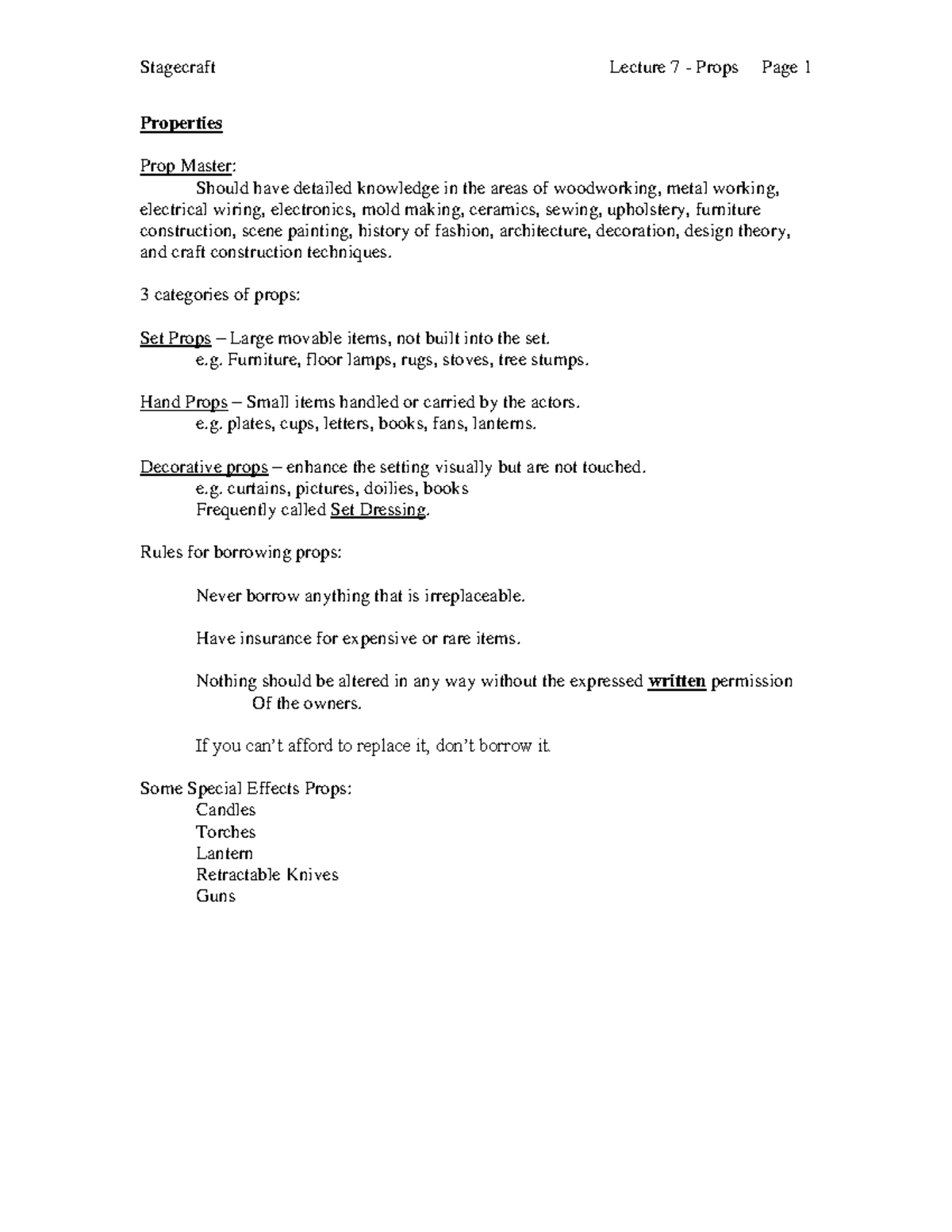 Lecture 7 - Props - professor Sam Gross - Stagecraft Lecture 7 Props ...