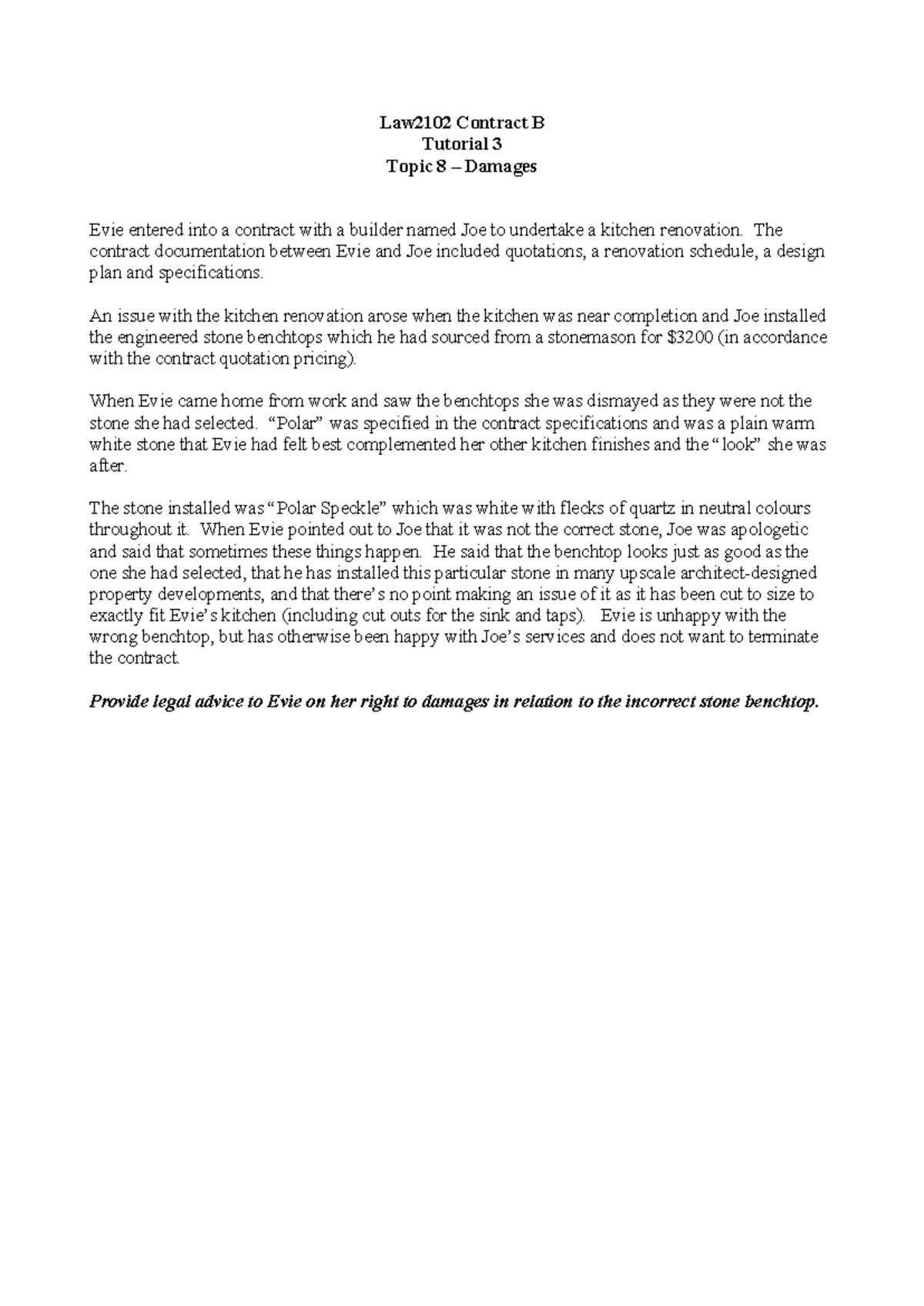 Tutorial 3 - Law2102 Contract B Tutorial 3 Topic 8 – Damages Evie ...