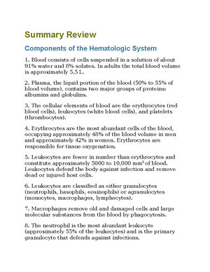 Exam 2 review - DB - EXAM 2 Hematology Chapter 28 - Structure and Function of the Hematologic ...