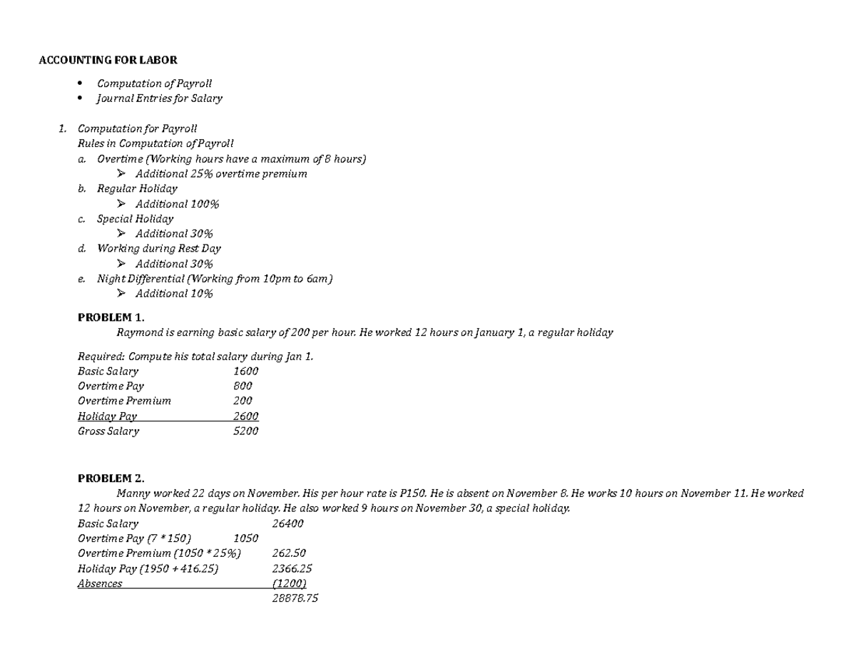 Accounting-FOR- Labor - ACCOUNTING FOR LABOR Computation of Payroll ...