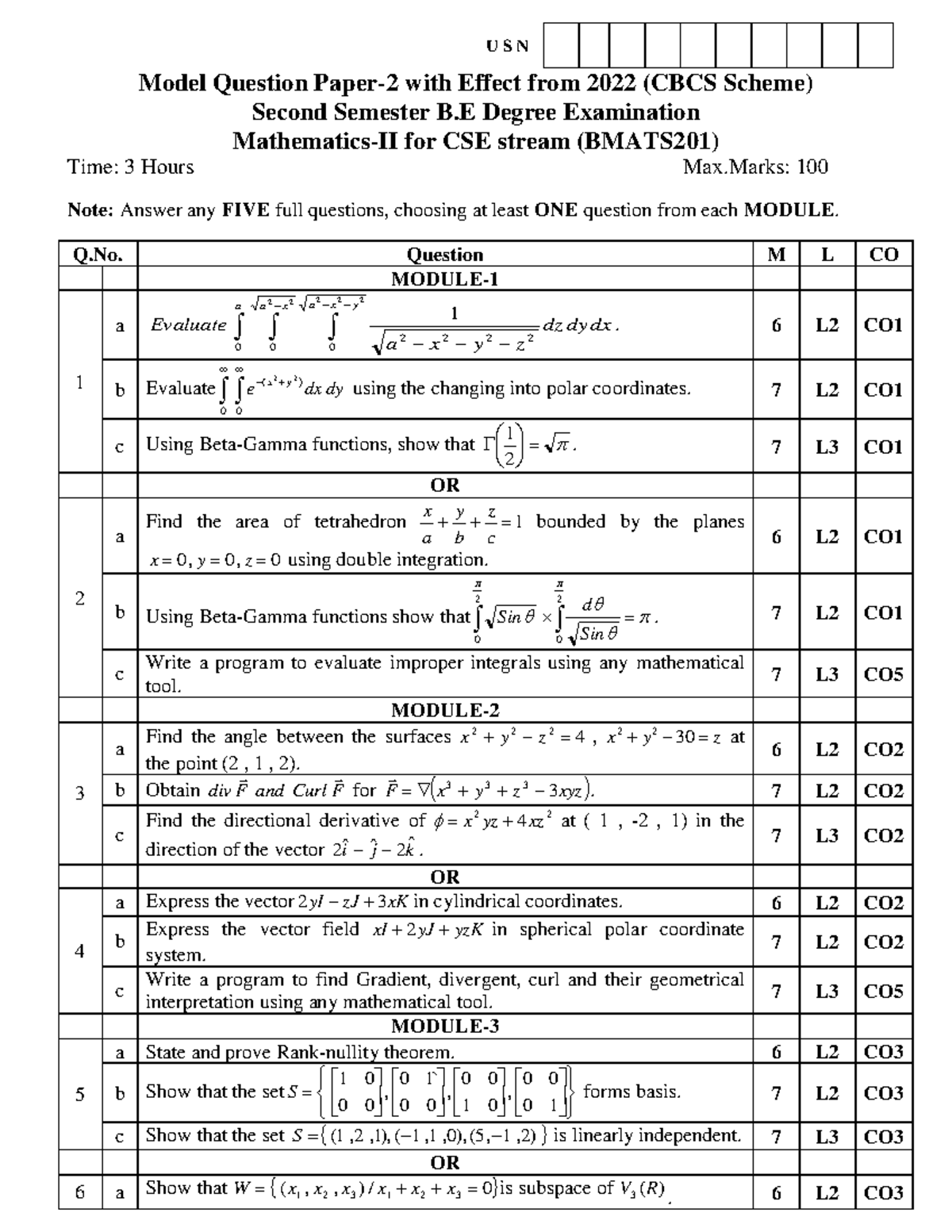 Bmats 201 Model Qsp 2 Notes U S N Model Question Paper 2 With Effect From 2022 Cbcs Scheme