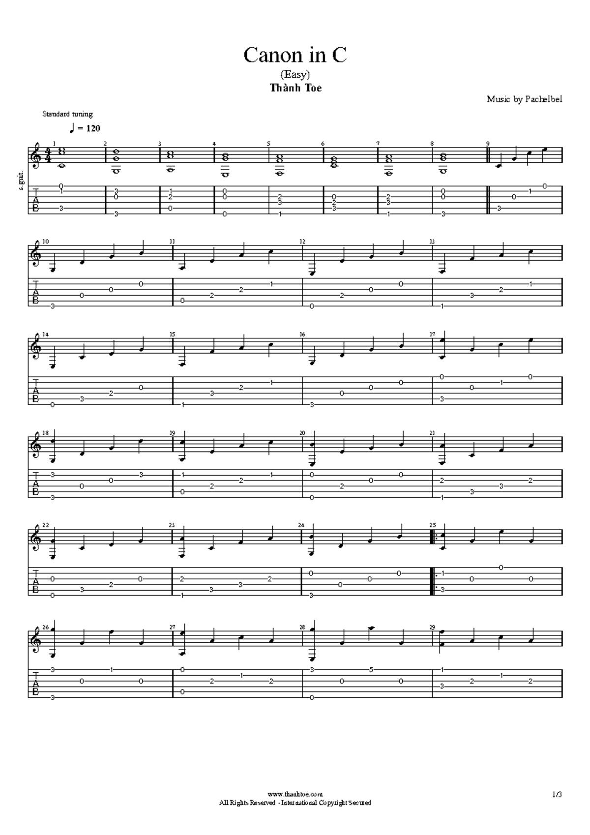 Canon in C chuẩn - tab - Canon in C (Easy) Thành Toe Music by Pachelbel ...