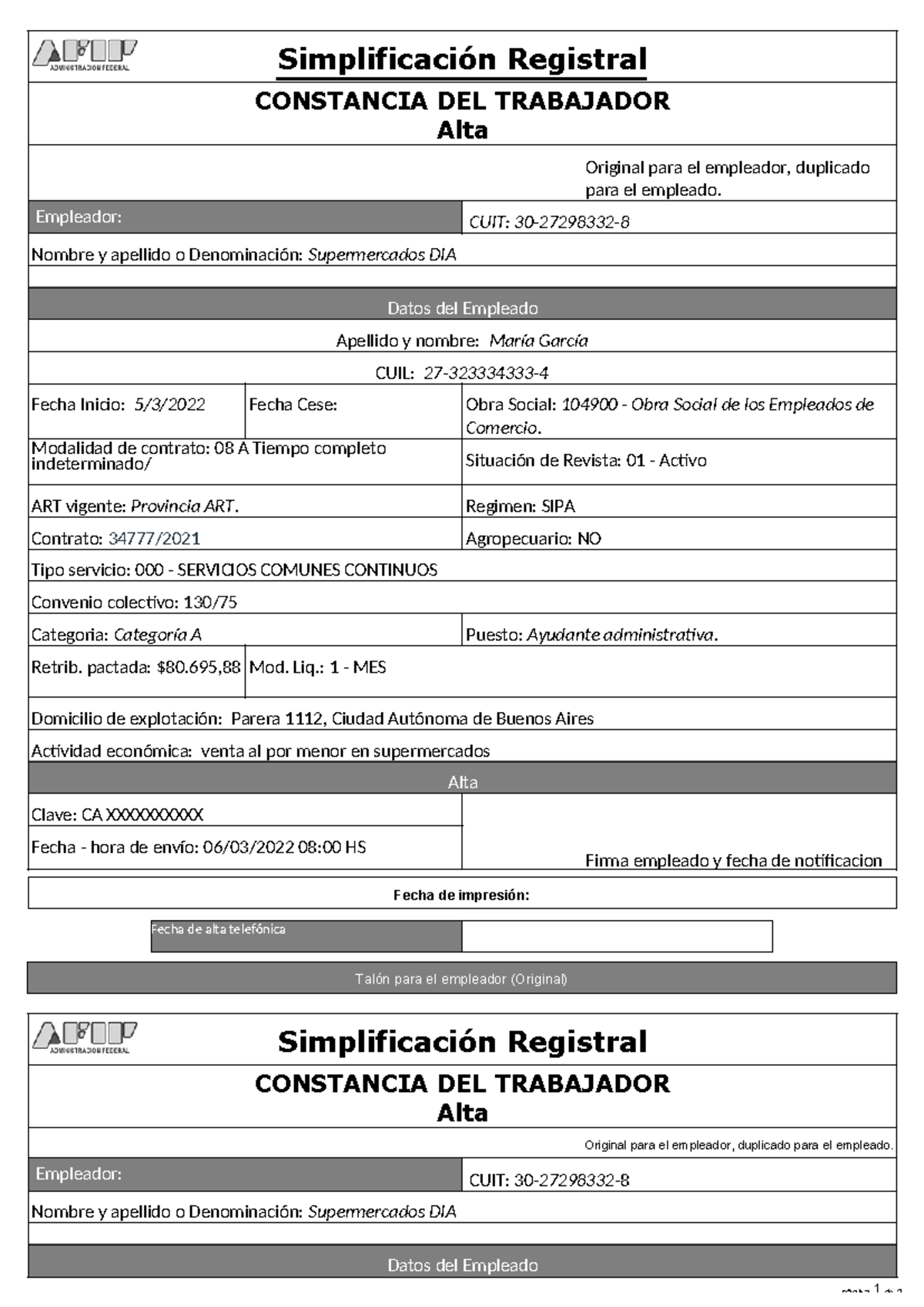 Constancia alta AFIP nuevo empleado - página 1 de 2 Simplificación ...