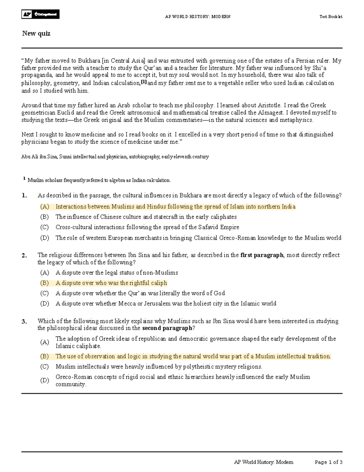 AP World History LEQ sample questions - “My father moved to Bukhara [in ...