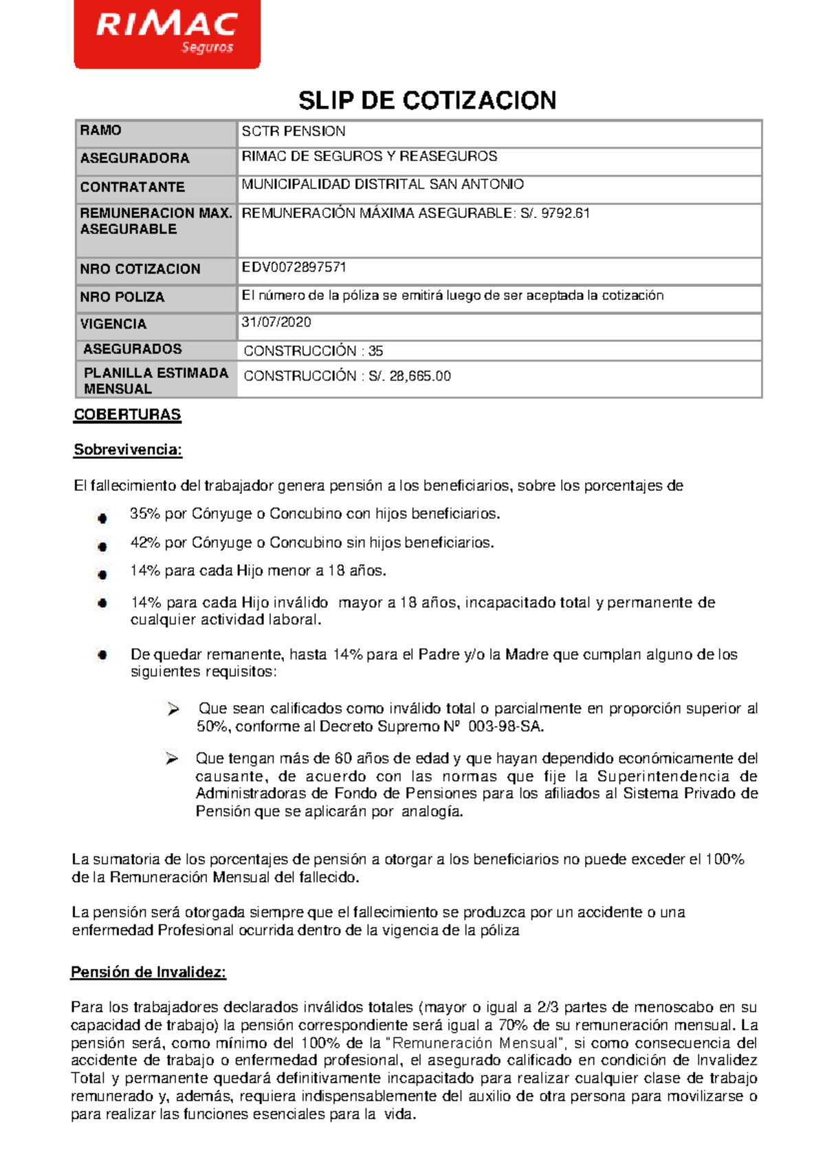 Cotizacion Poliza TRAB PERU 2 - SLIP DE COTIZACION RAMO SCTR PENSION ASEGURADORA RIMAC DE ...