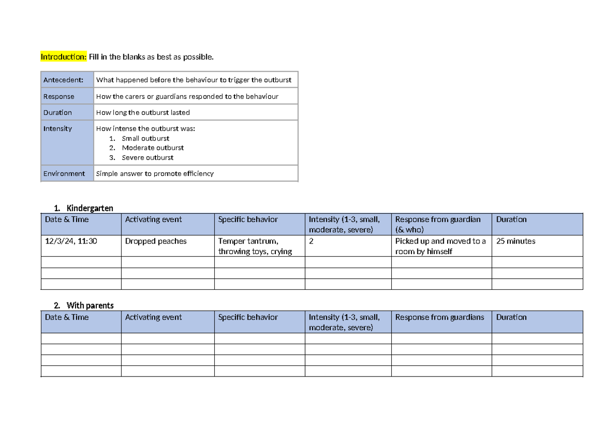 Example diary - Introduction: Fill in the blanks as best as possible ...