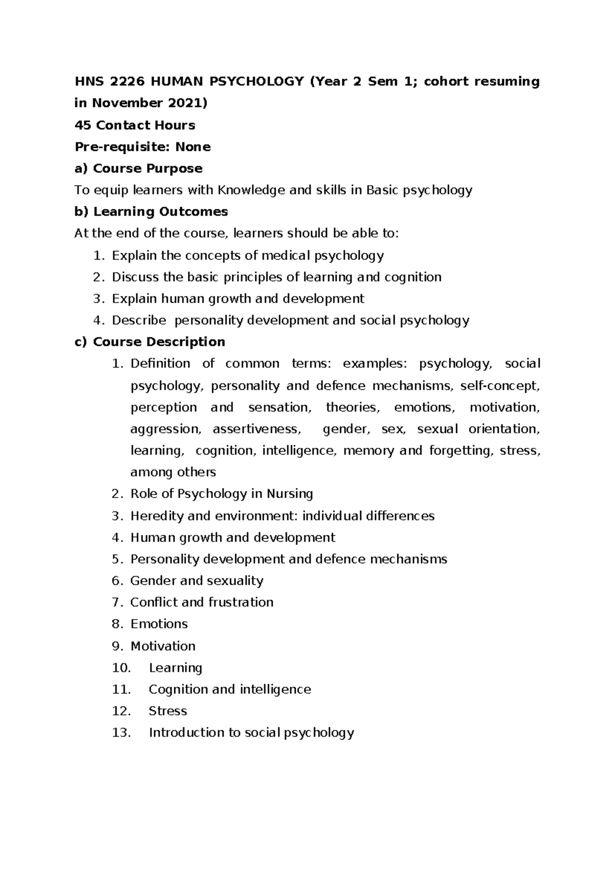 Revised course outline - HNS 2226 HUMAN PSYCHOLOGY (Year 2 Sem 1 ...