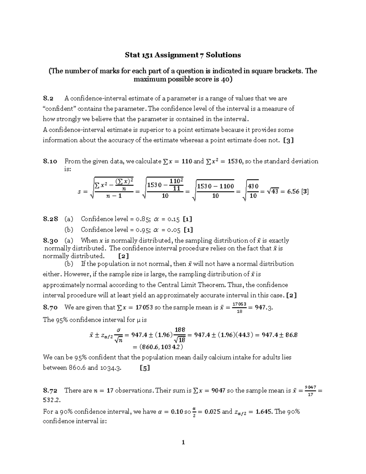 Stat 151 A 7 Solutions Fall 2015 Stat 151 Assignment 7 Solutions The Number Of Marks For Each