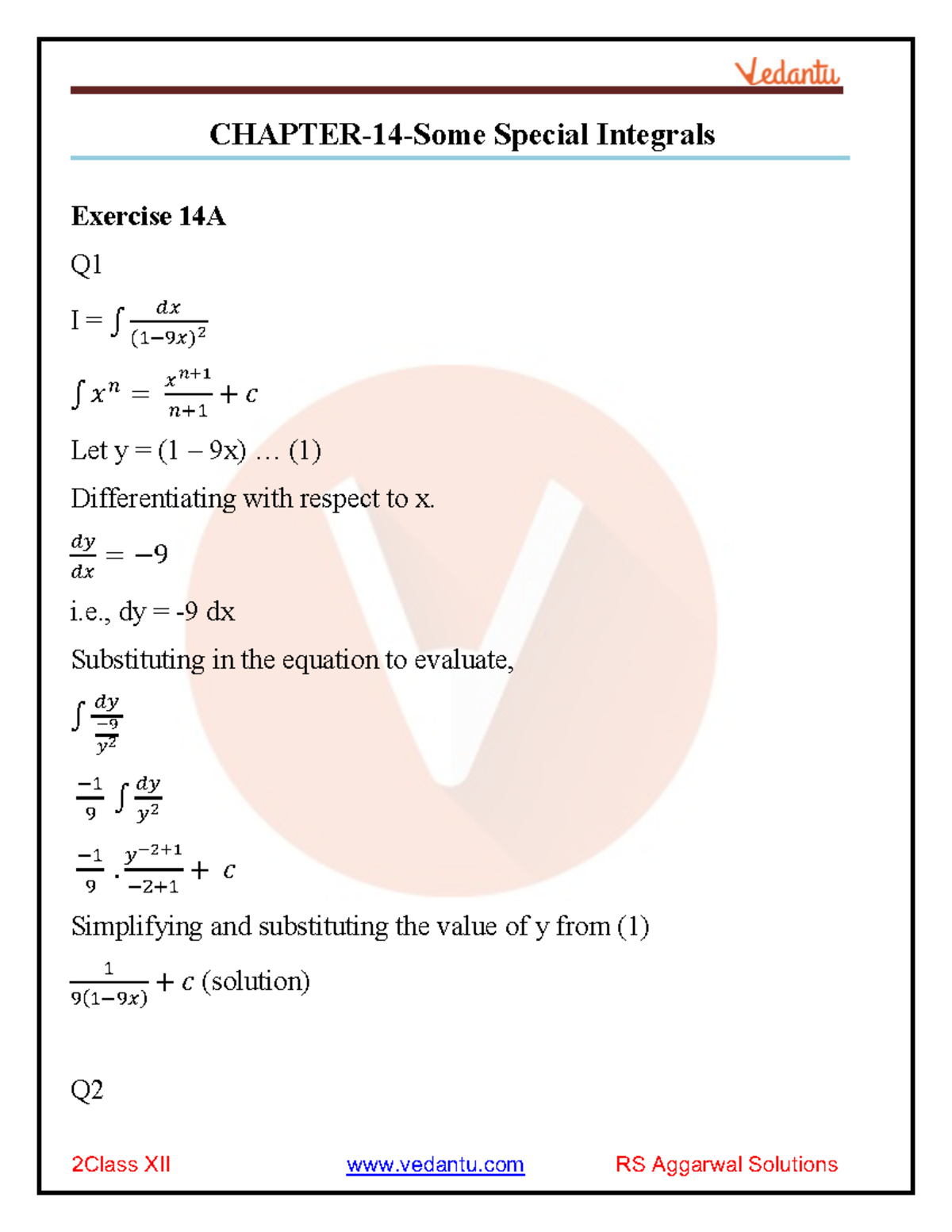 RS Aggarwal Class 12 Solutions Chapter-14 Some Special Integrals ...