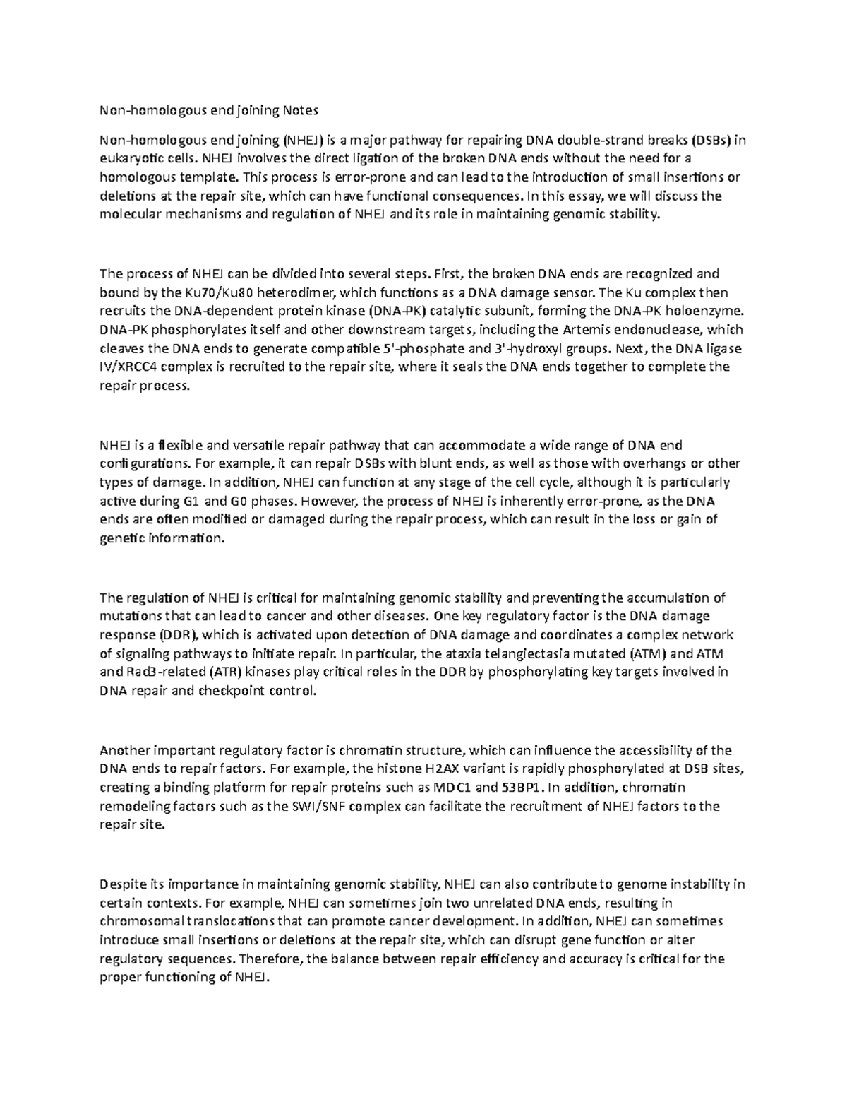 Non homologous recombination - Non-homologous end joining Notes Non ...