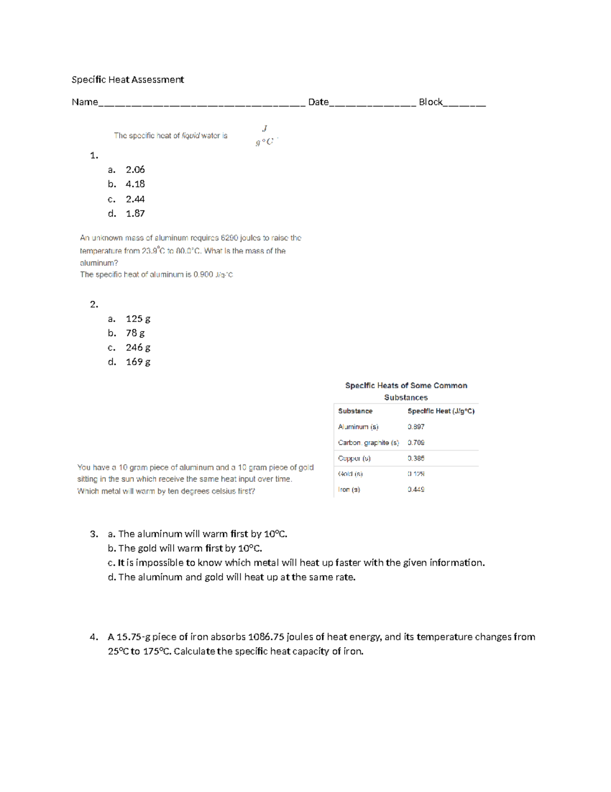 Task 1 chem 833 assessment - Specific Heat Assessment Name