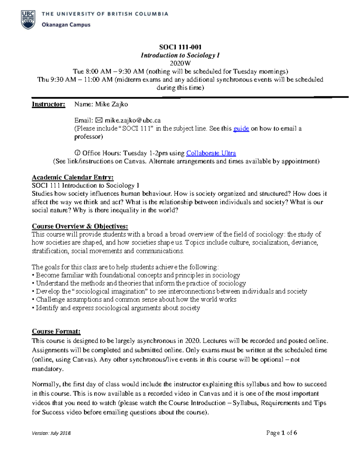 SOCI 111 - Course syllabus - Warning: TT: undefined function: 32 SOCI 111- Introduction to ...