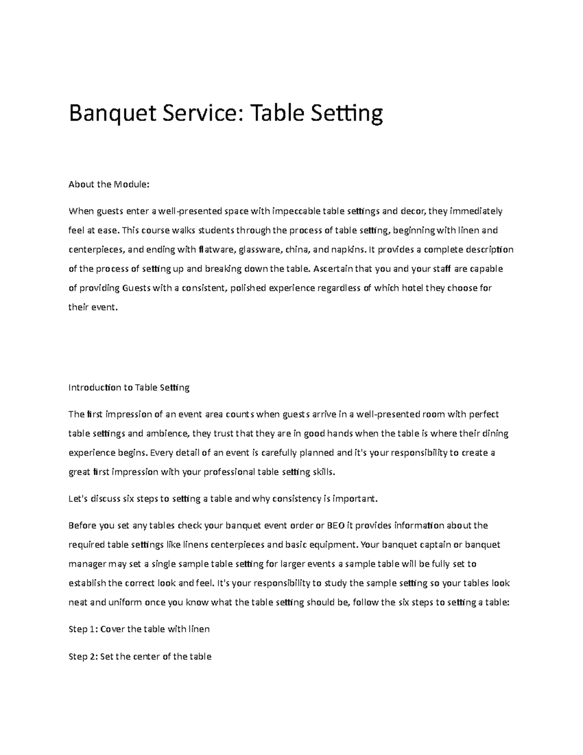 Banquet Service Table Setting - International Hospitality Management ...