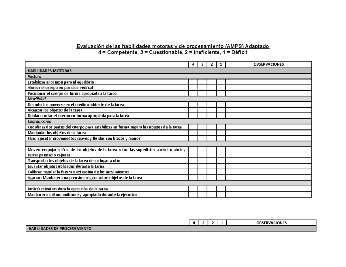 AMPS adaptado - Pauta de evaluación - Evaluación de las habilidades ...