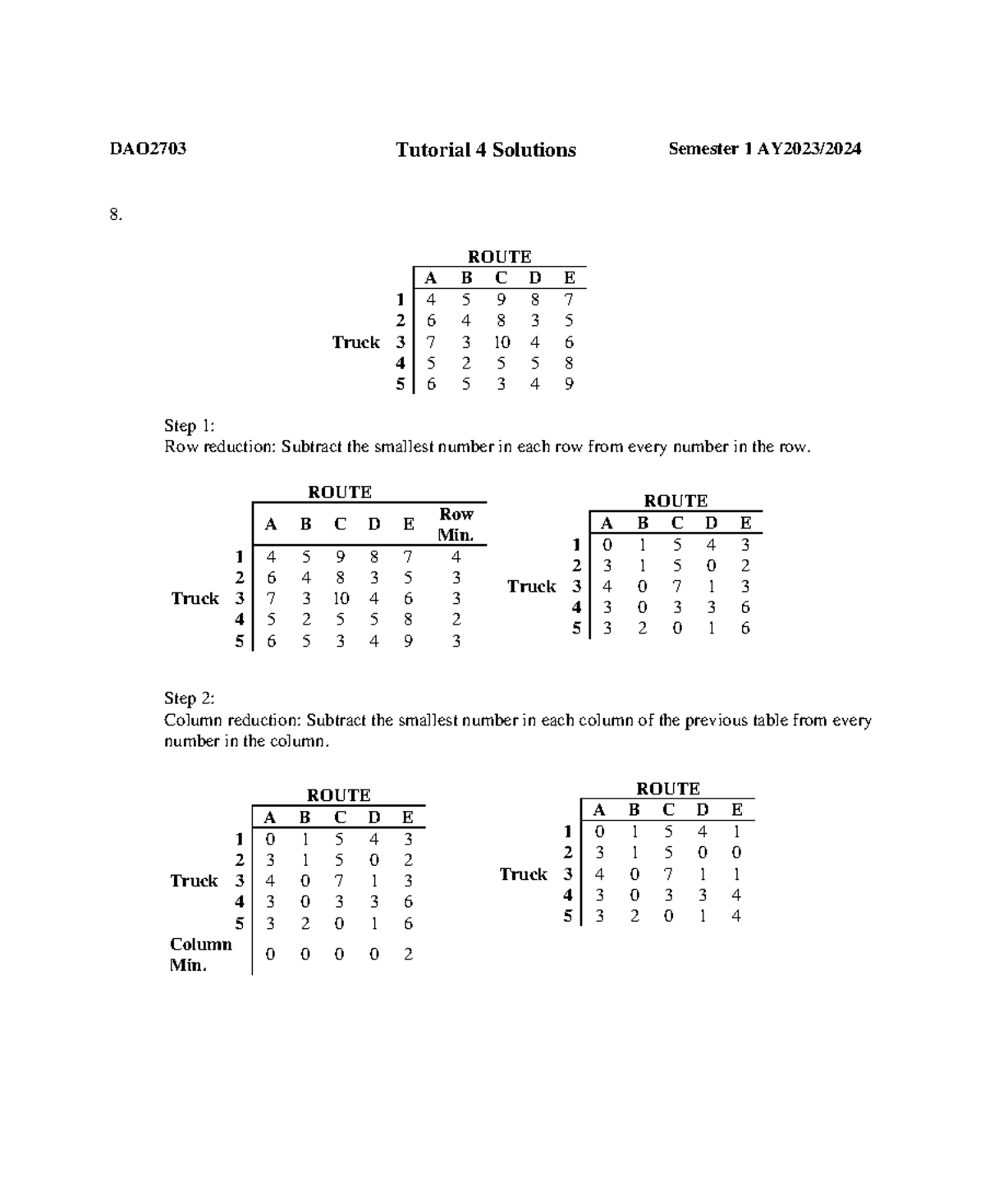 Tutorial 4 Solutions - DAO2703 Tutorial 4 Solutions Semester 1 AY 2023 /202 4 8. ROUTE A B C D E ...