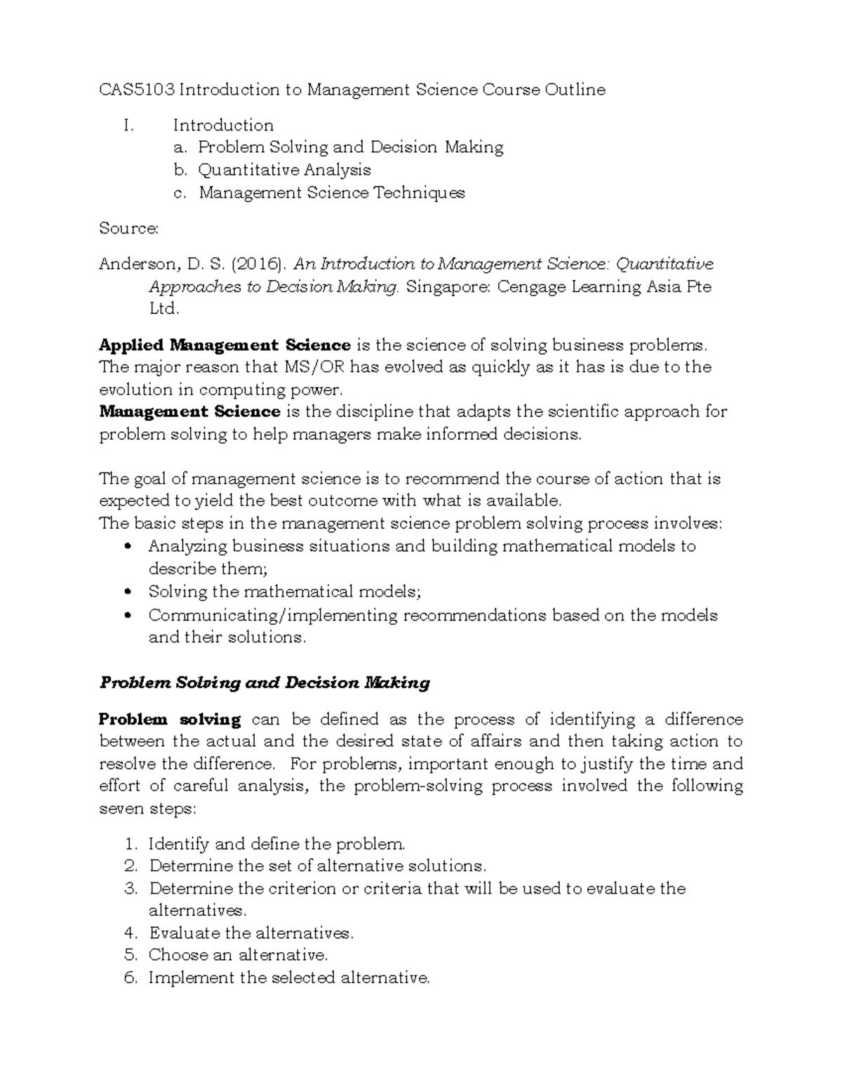 1 introduction-handout - CAS5103 Introduction to Management Science ...