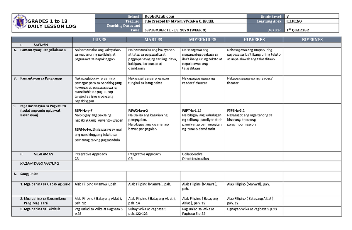 DLL Filipino-5 Q1 W3 - Lesson plan - GRADES 1 to 12 DAILY LESSON LOG School: DepEdClub Grade ...