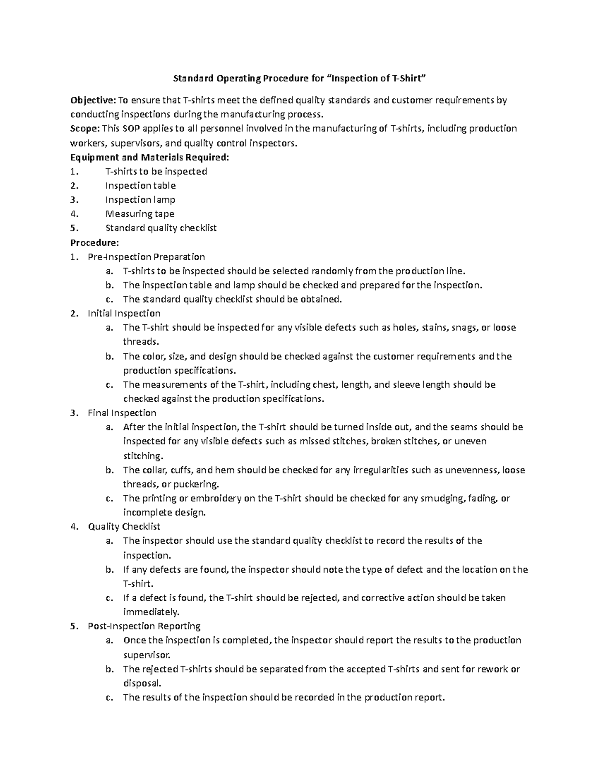 SOP to check a T-shirt - Standard Operating Procedure for “Inspection ...