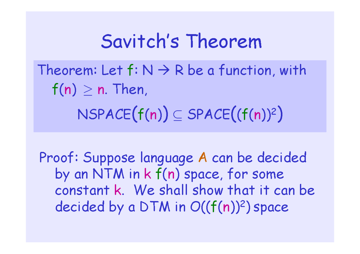 Savitch - Hii - Savitch’s Theorem Theorem: Let f: N R be a function, with f(n) ̧ n. Then, - Studocu