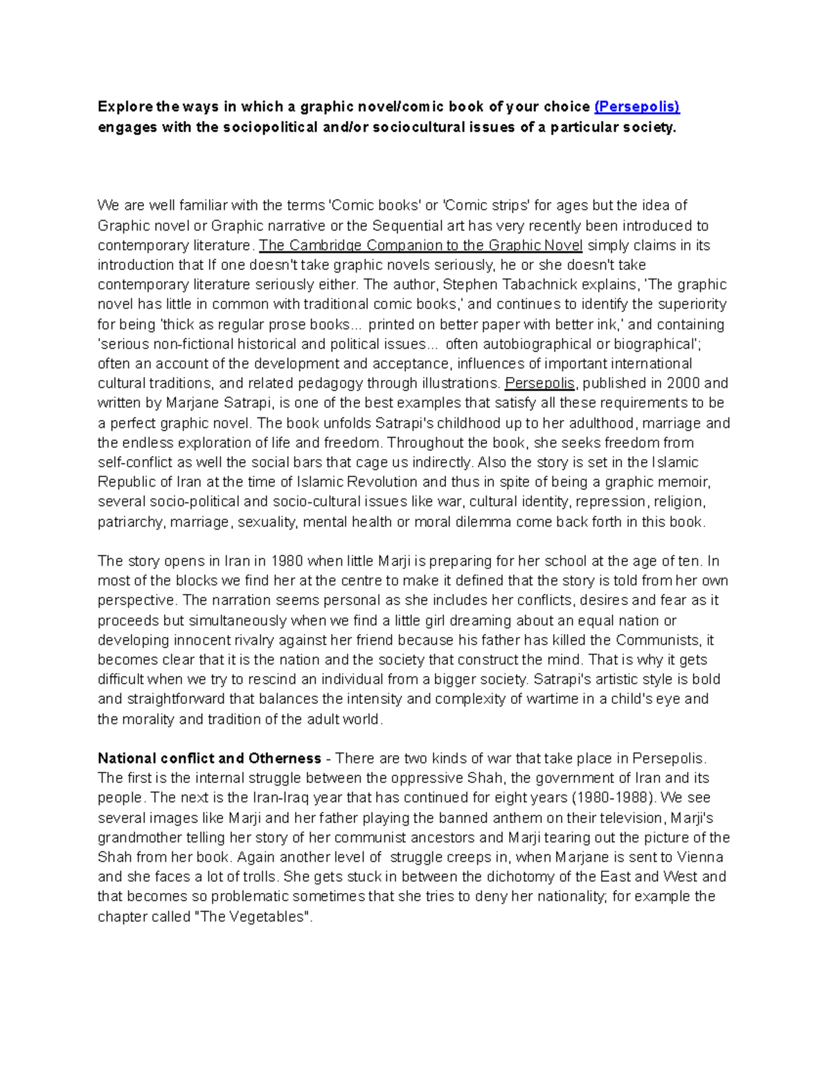 Persepolis as a graphic novel - Explore the ways in which a graphic ...