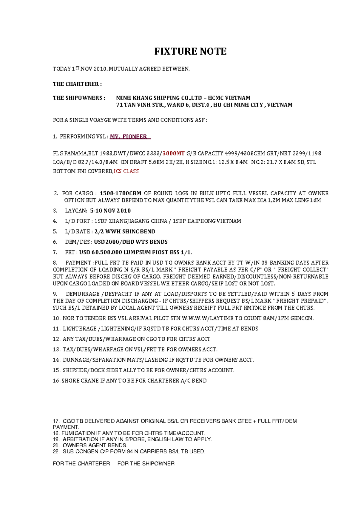 Hop dong Tau chuyen 1 - FIXTURE NOTE TODAY 1ST NOV 2010, MUTUALLY ...