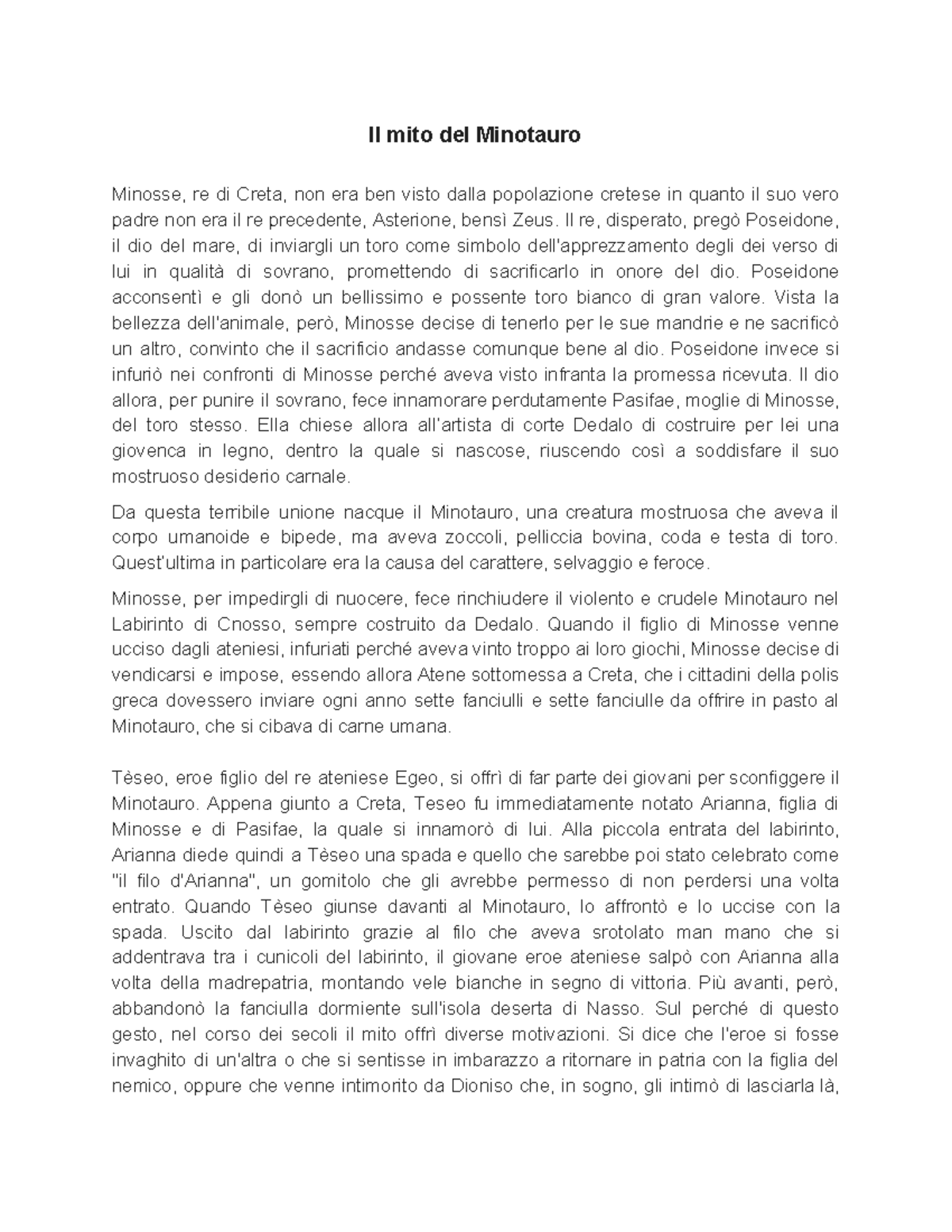 Il mito del Minotauro - riassunto del mito - Il mito del Minotauro ...