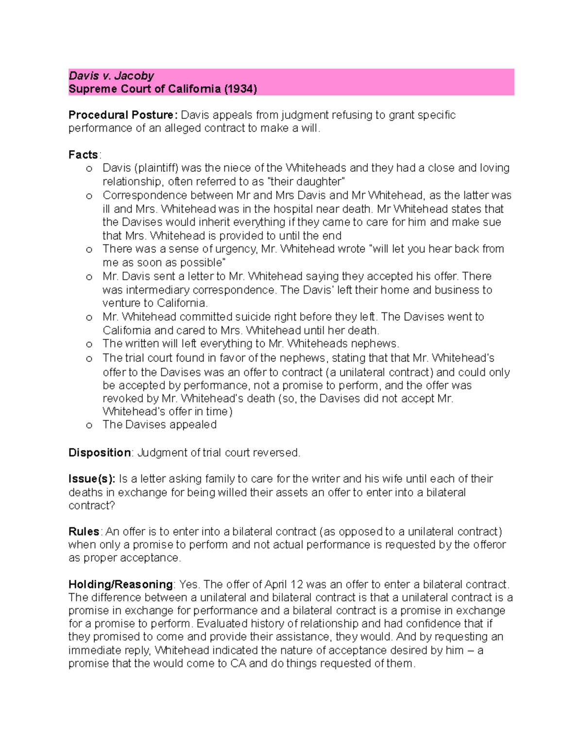 Davis v Jacoby Case brief - Davis v. Jacoby Supreme Court of California ...