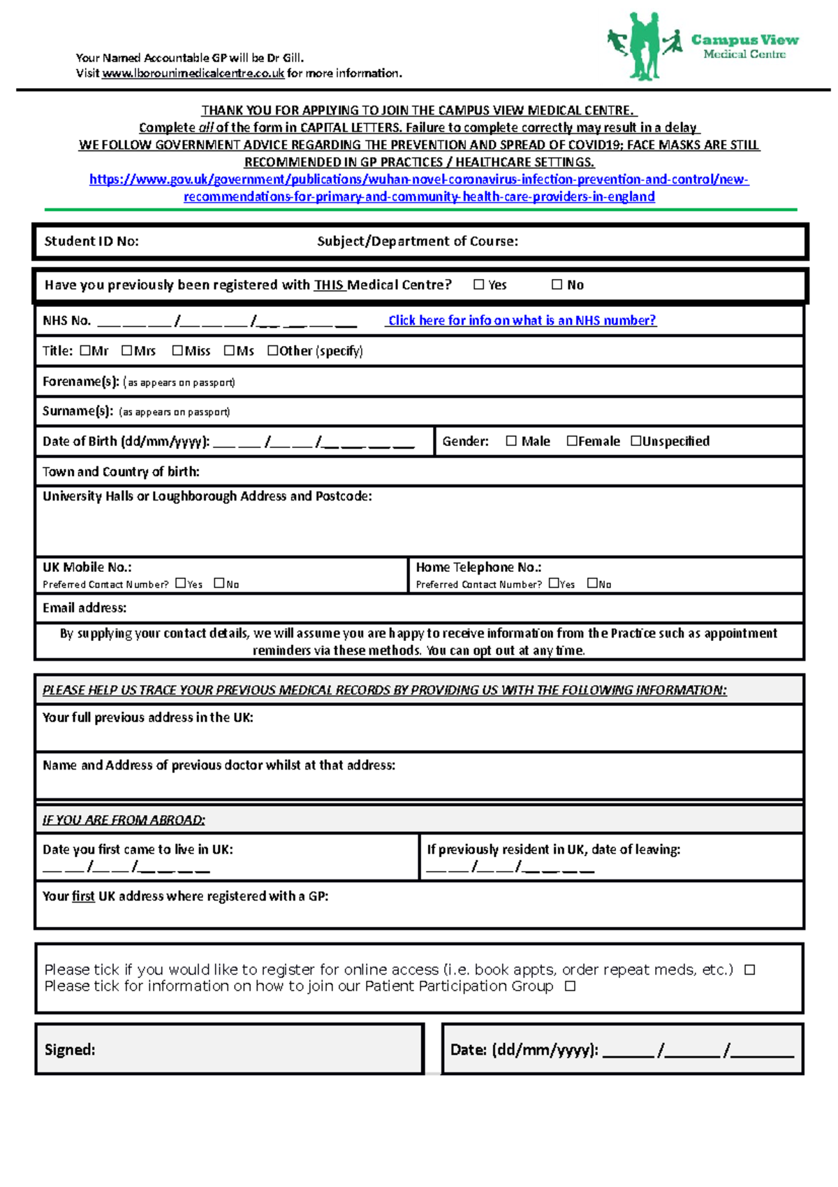 Medical Registration form - April 2022 - Your Named Accountable GP will ...