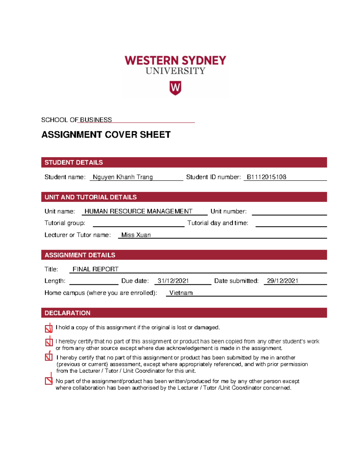 HRM Final Report B1112015 108 - SCHOOL OF BUSINESS ASSIGNMENT COVER ...