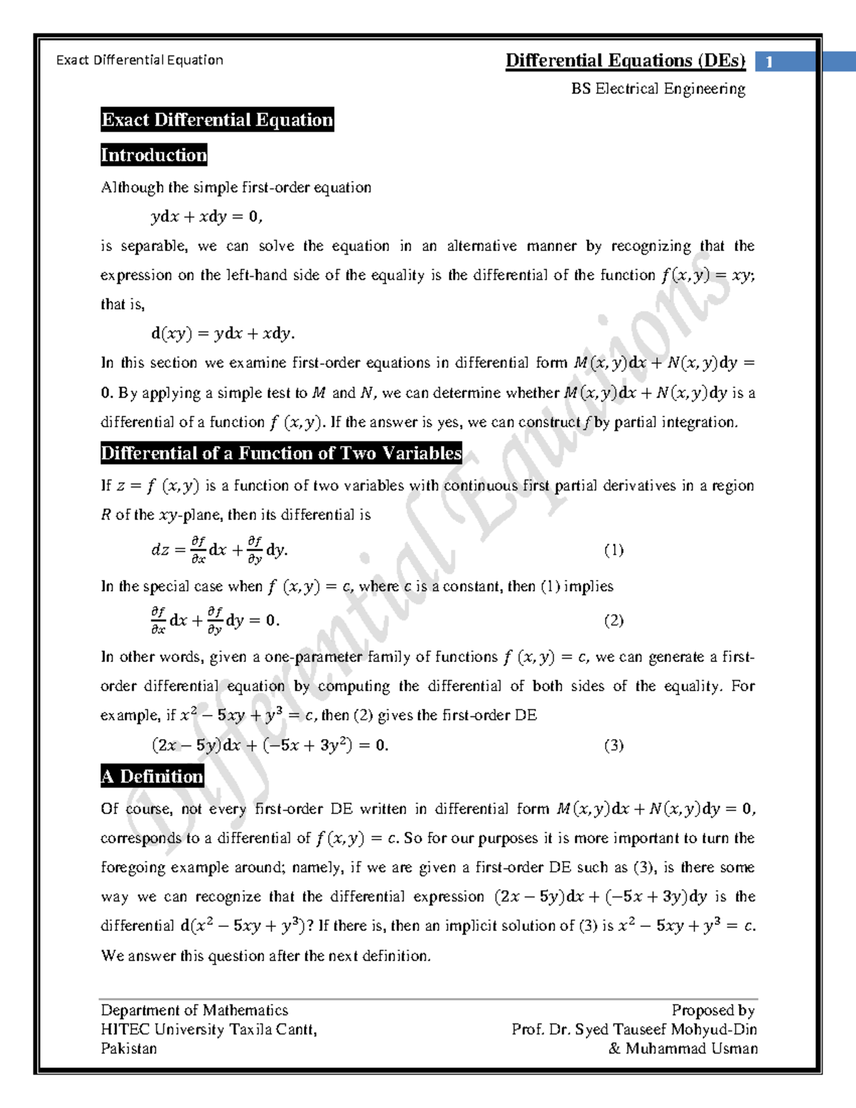 Exact Differential Equation - BS Electrical Engineering Department of ...