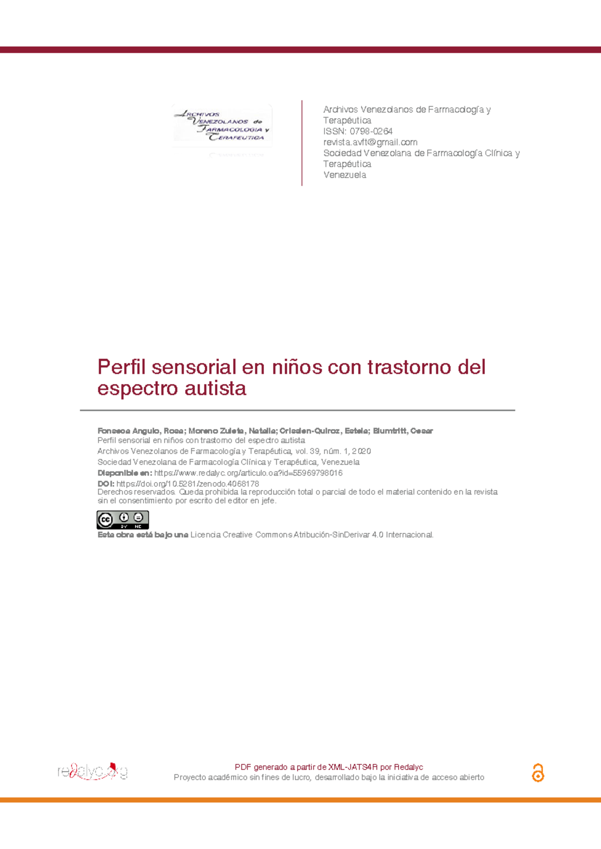 Perfil Sensorial DE TEA - PDF generado a partir de XML-JATS4R por Redalyc Archivos Venezolanos ...