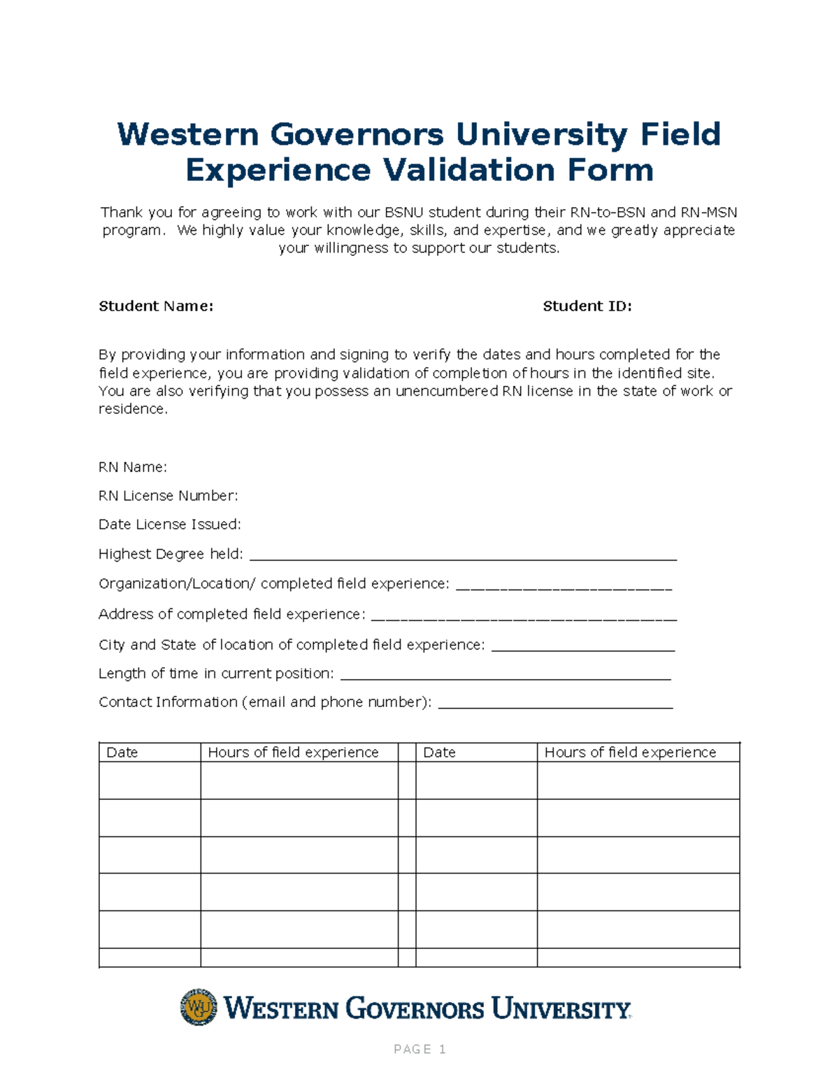 Field Experience Validation Form - Western Governors University Field ...