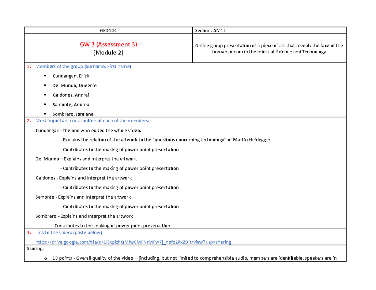 GED104 - M2 - GW3 - group work - GED104 Section: AM GW 3 (Assessment 3 ...