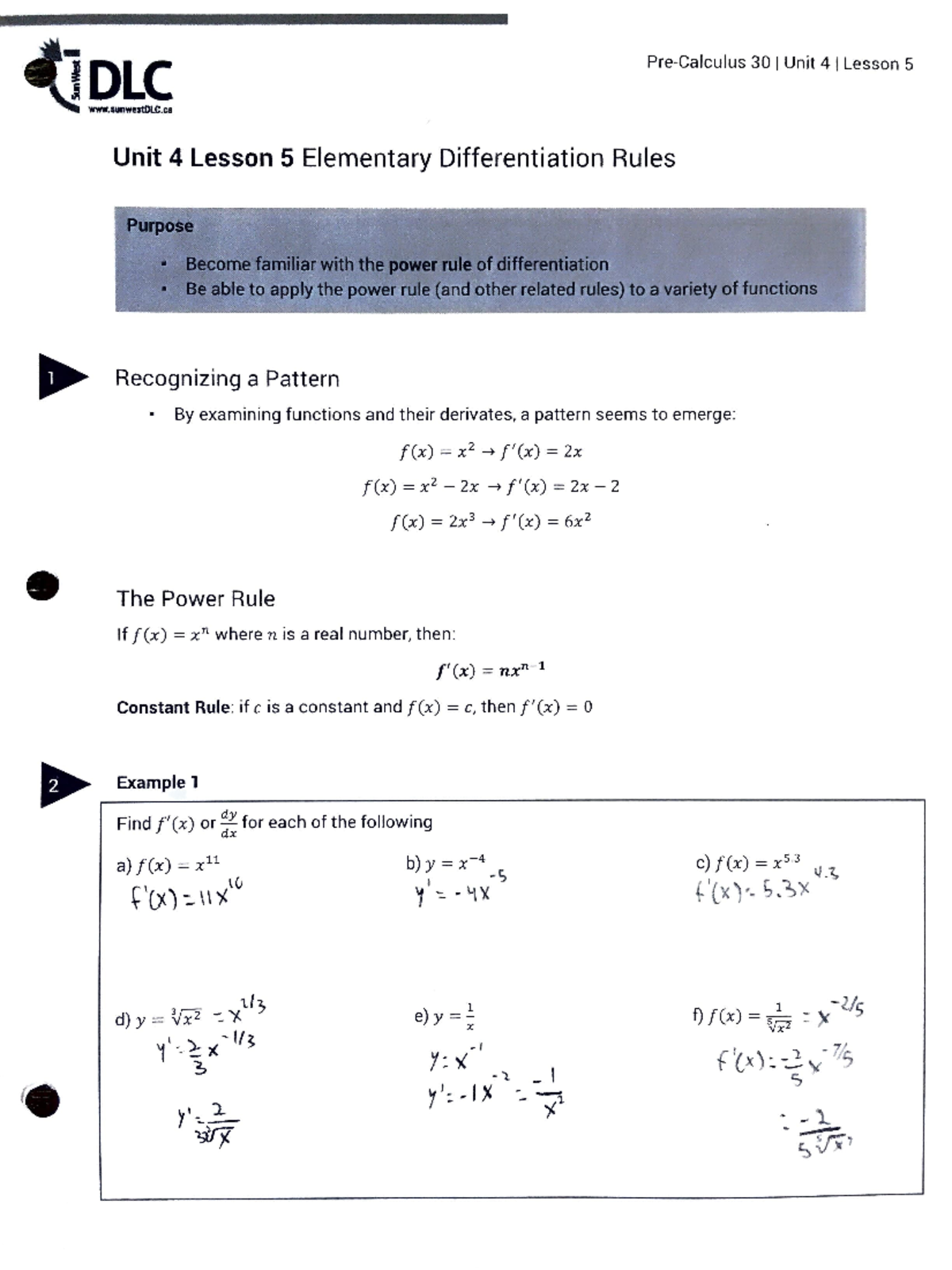 Calculus 30 differentiation rules - IDLC Pre-Calculus 30 I Unit 4 I Lesson 5 http://www.•-~stDLC ...