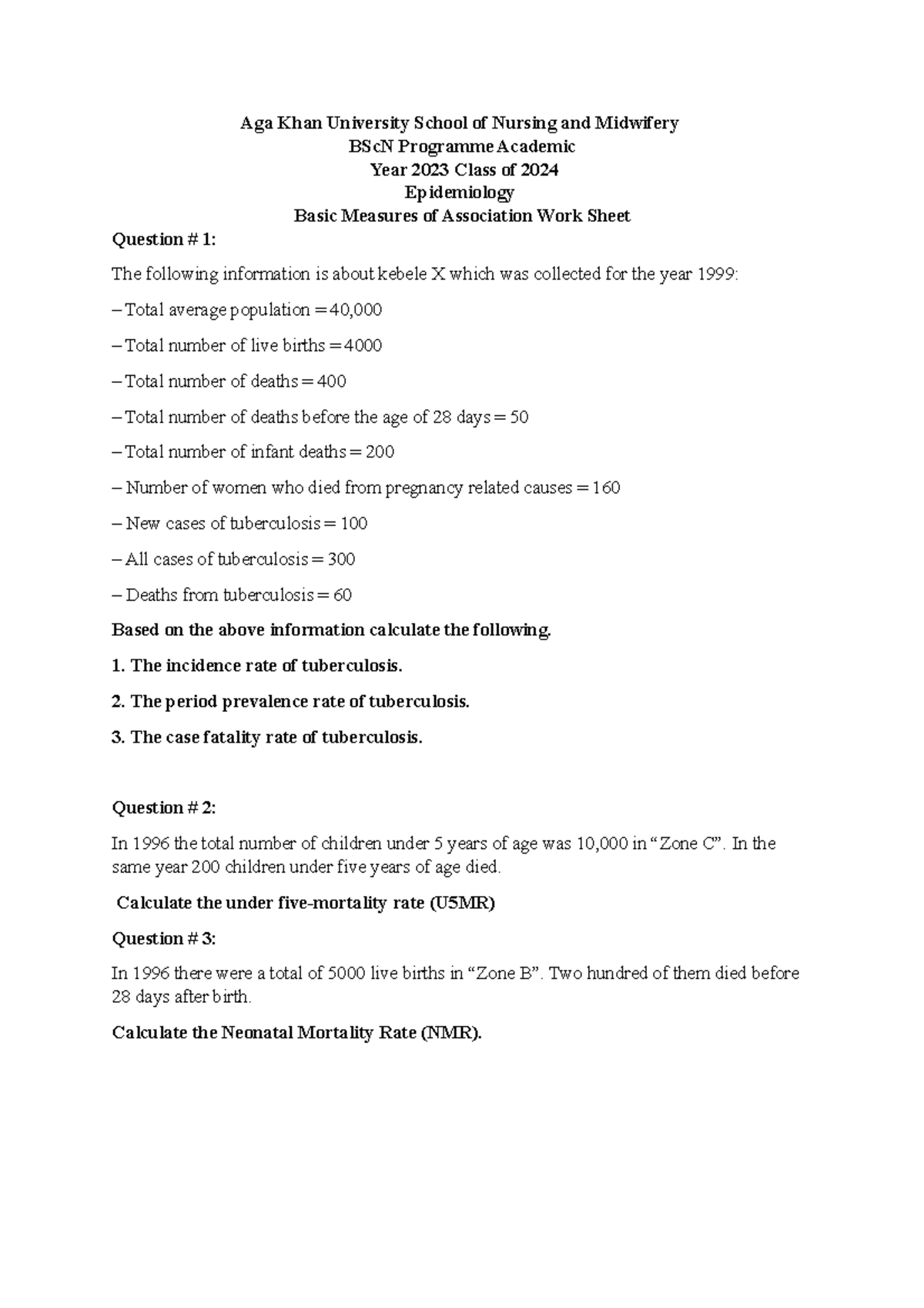 EPI -Basic Measures of Association practice sheet - Aga Khan University ...