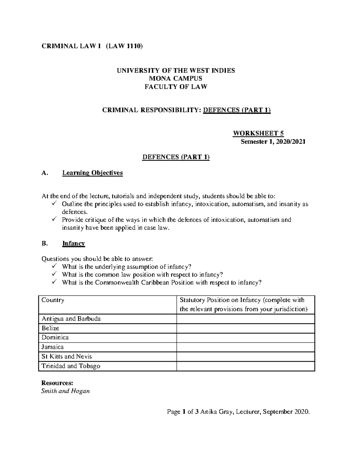 LAW1110 Worksheet 5 2021 - CRIMINAL LAW I (LAW 1110) Page 1 of 3 Anika ...