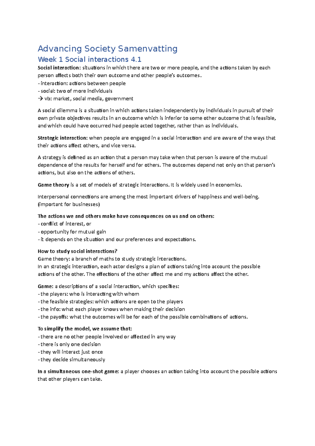 Advancing Society Samenvatting - Social interaction: situations in ...